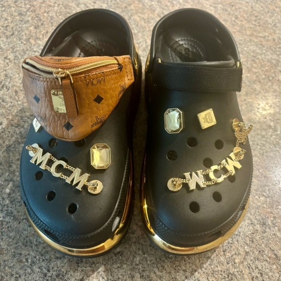 MCM | Shoes | Mcm Crocs Black And Gold Clogs | Poshmark